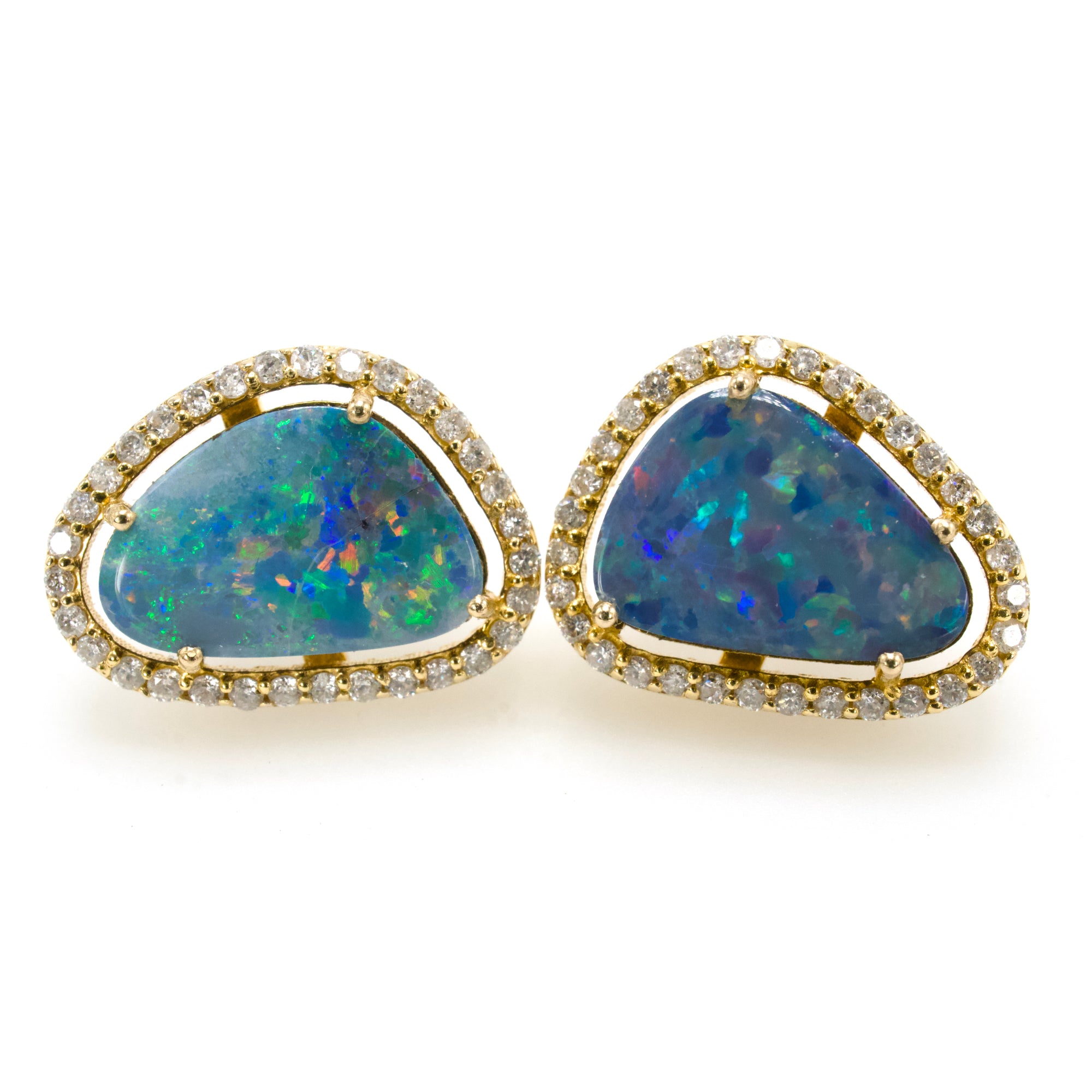 Organic Shaped Opal Earrings with Diamond Surround in 14K Yellow Gold ...