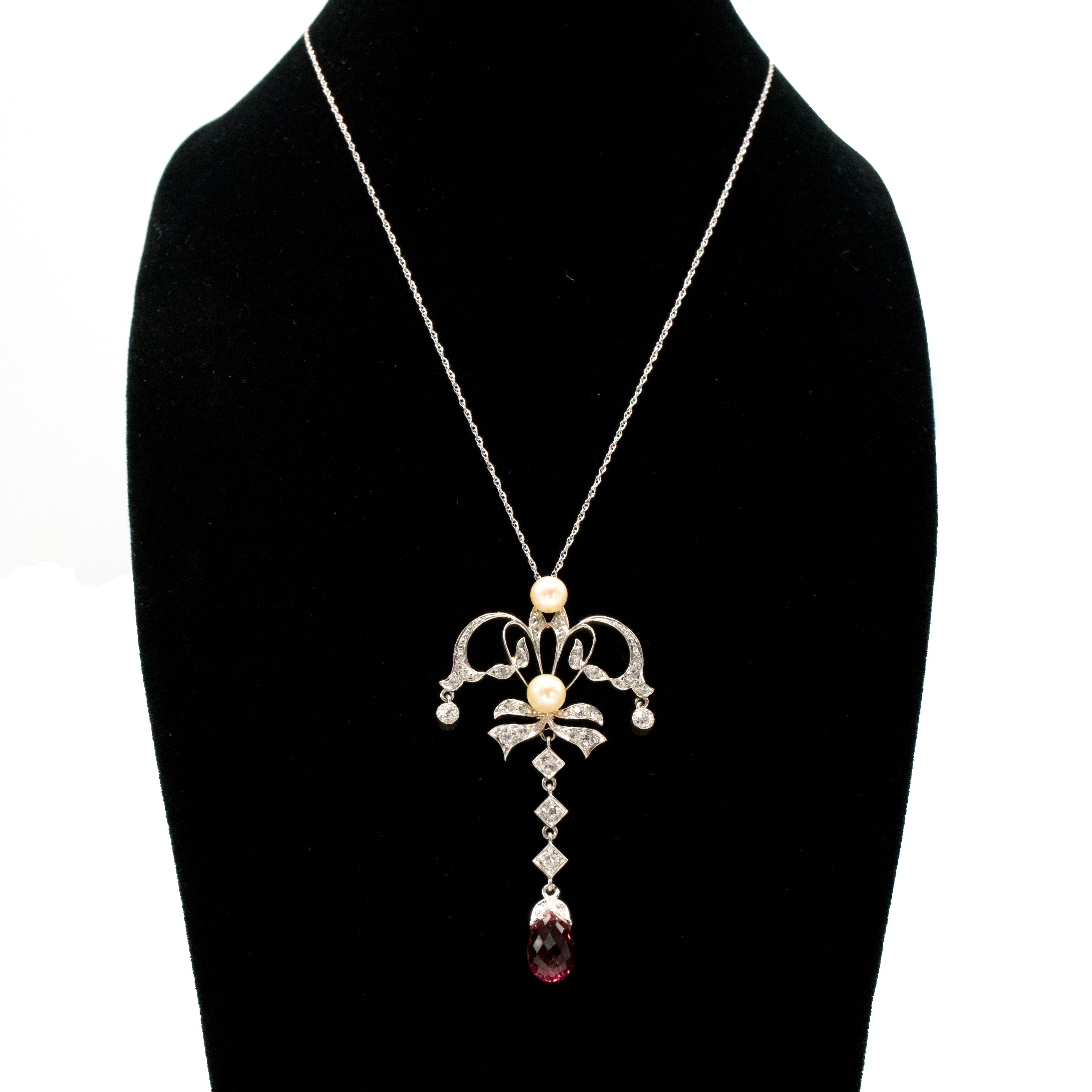 Edwardian Platinum and 14K Gold Bow Style Necklace with Pearls, Diamon ...