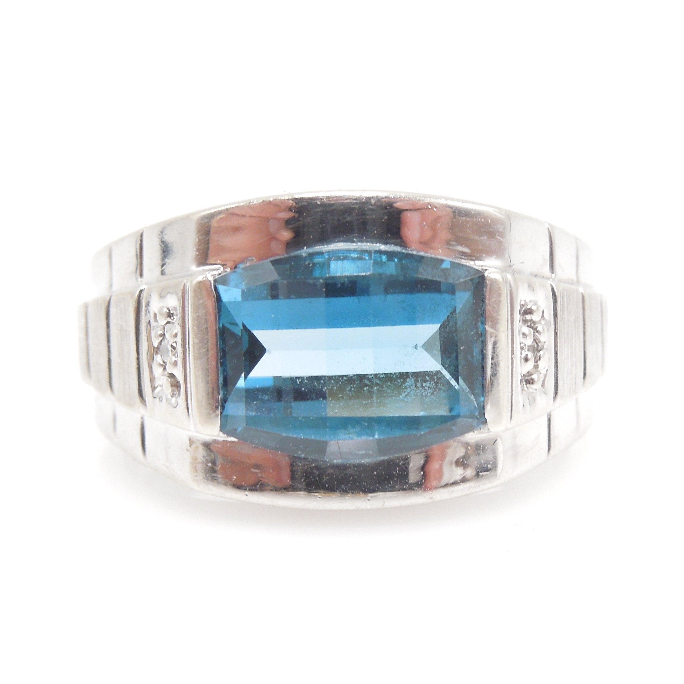 10K White Gold & Barrel Cut London Blue Topaz Man's Ring with Diamonds ...